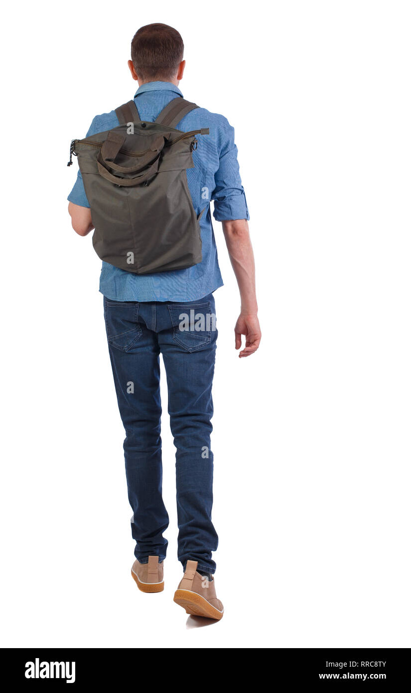back view of walking man with green bag. backside view of person. Rear ...