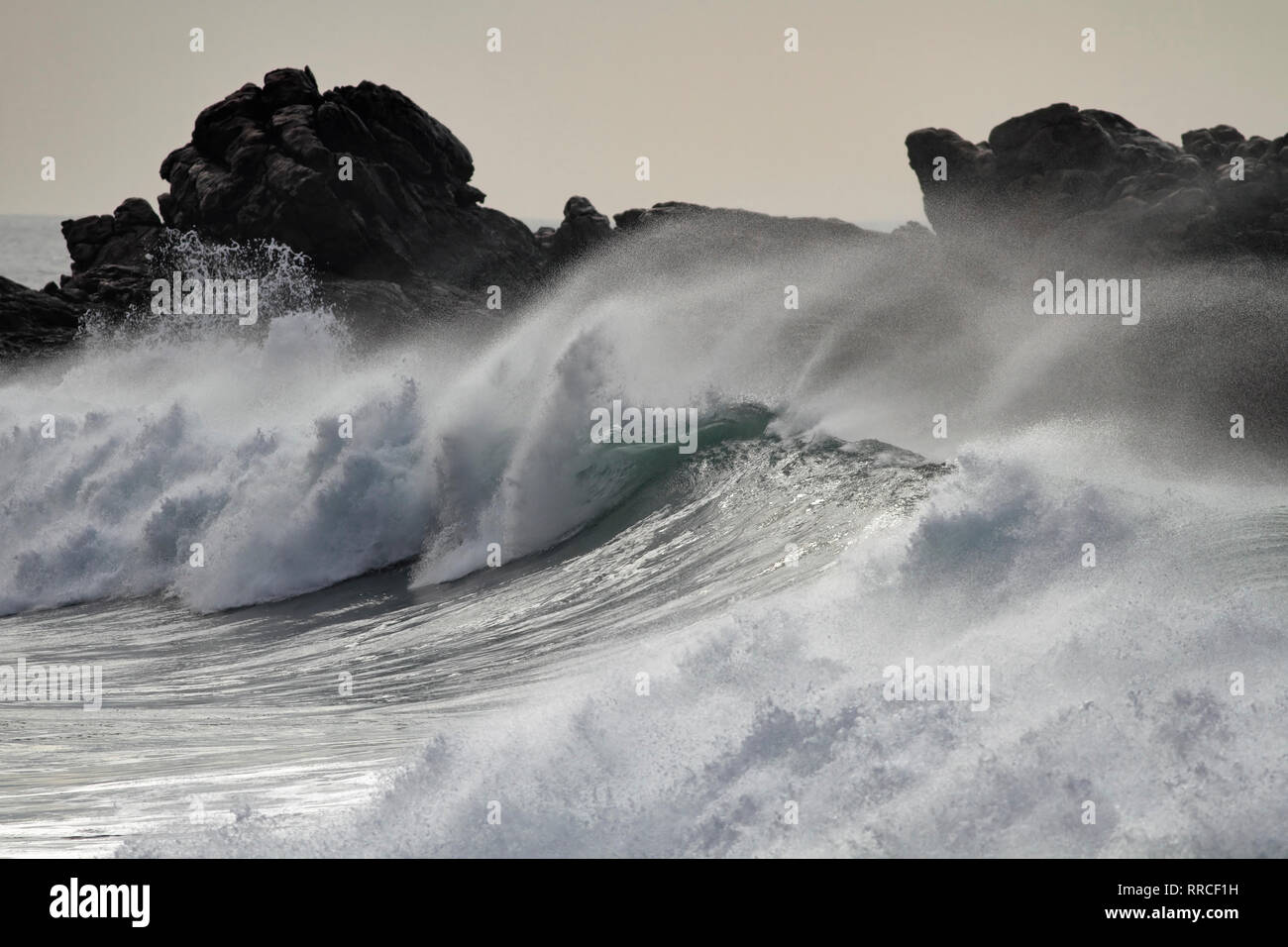 Rough sea waves with wind spray. Northern portuguese coast Stock Photo ...