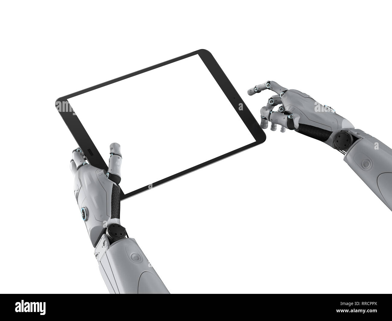 3d rendering robotic hand holding blank screen tablet isolated Stock Photo - Alamy