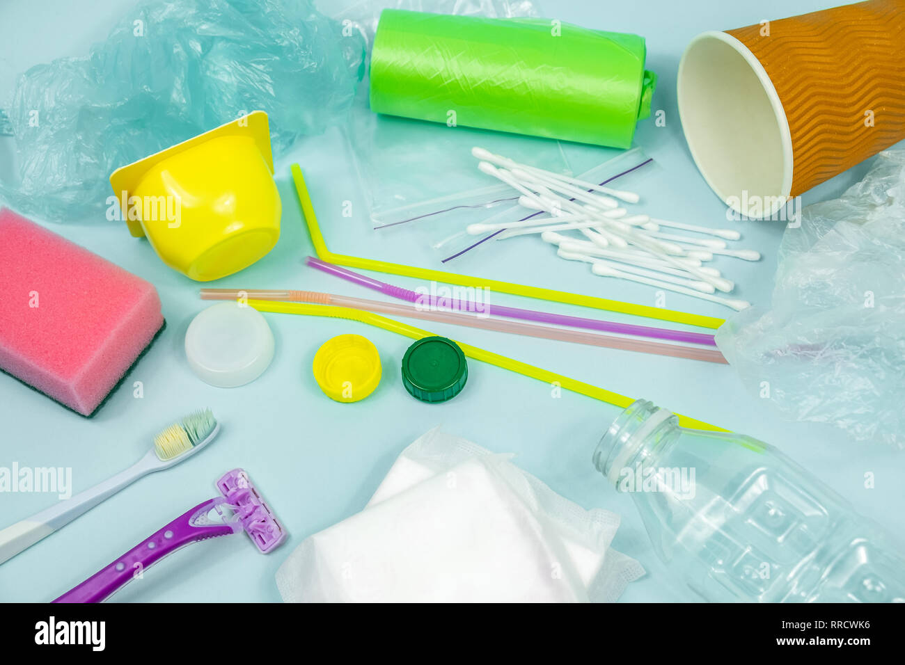 Plastic waste concept: varitety of single use objects that get thrown ...