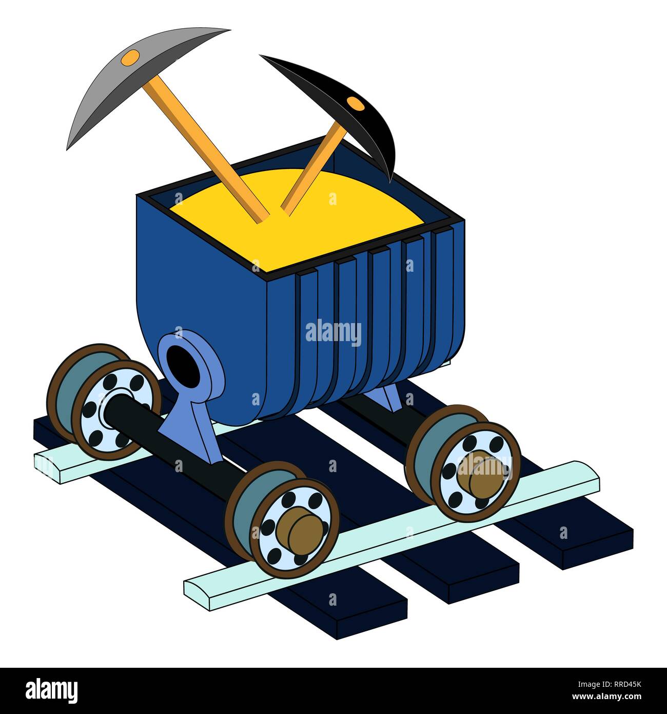 Minecart trolley on rails and ties with pickaxes and ore. Wheel pair ...