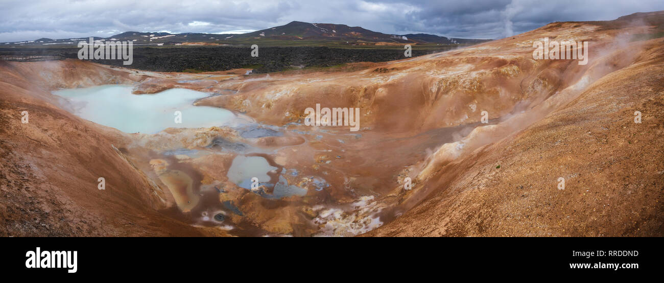 Panoramic view of Leirhnjukur (Clay Hill) rhyolite formation with hot ...