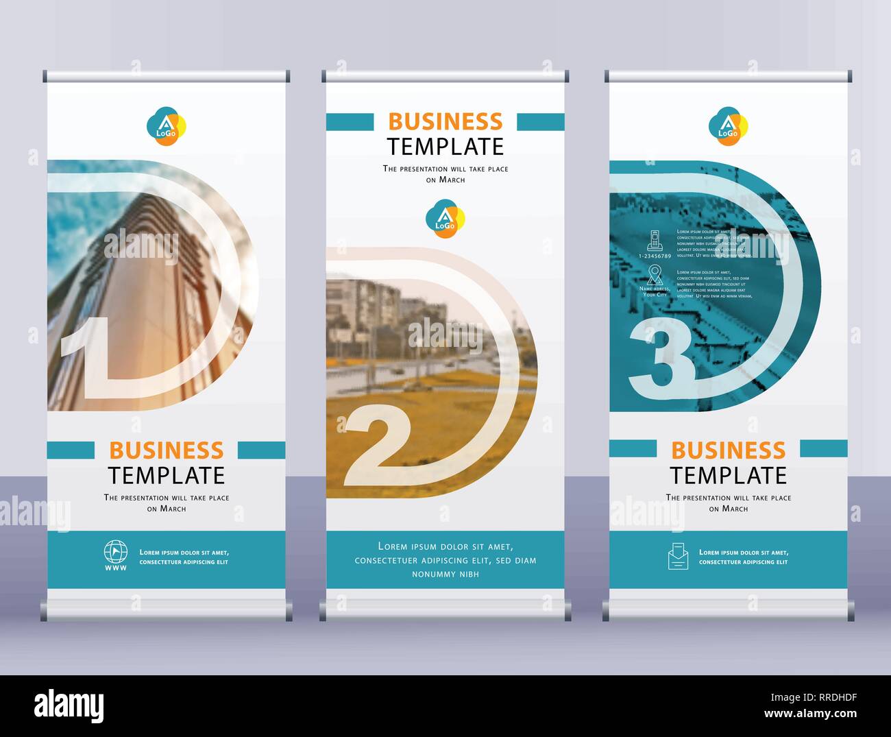 One, two, three white roll up business banners. Vertical template ...
