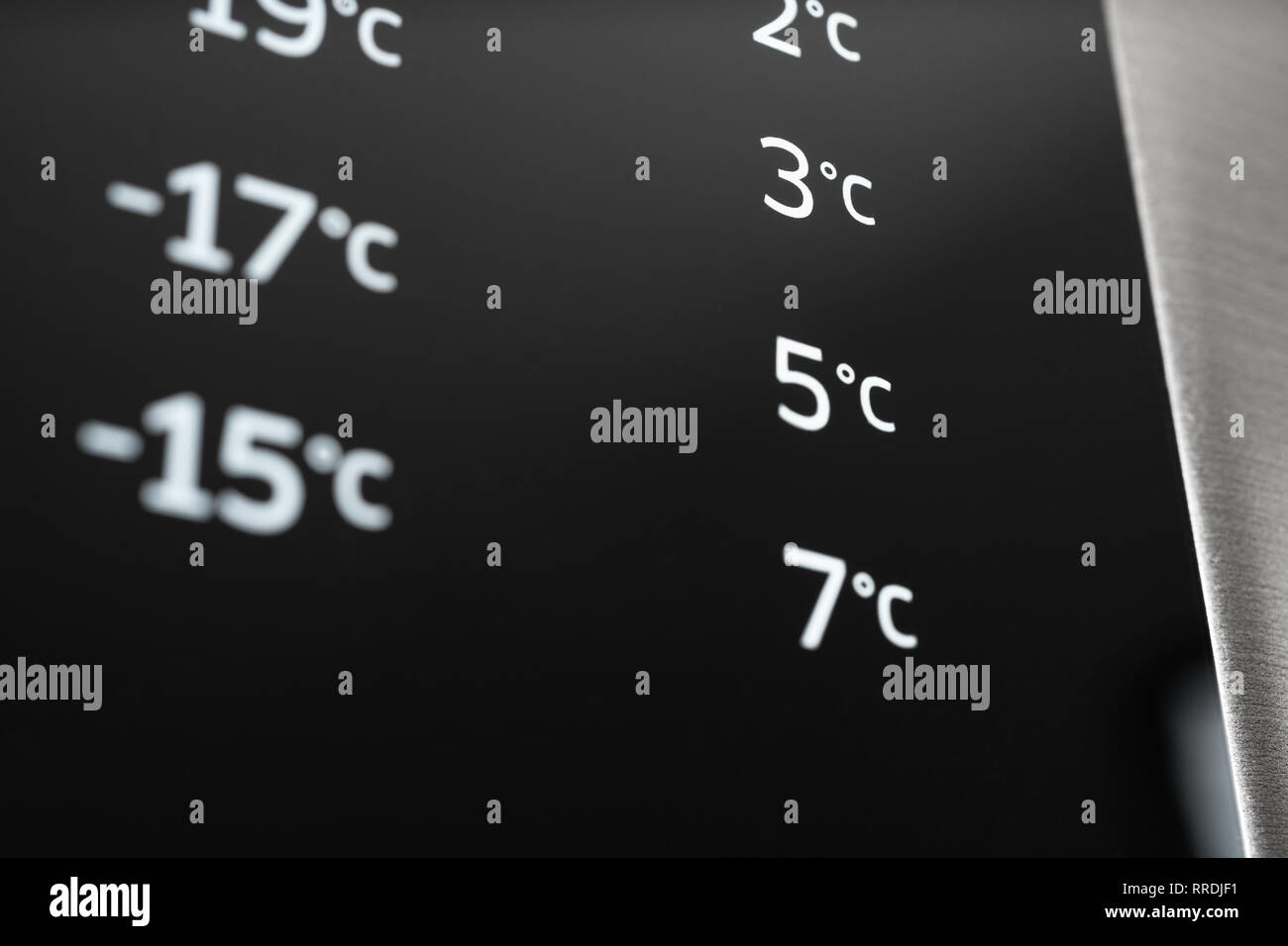 Closeup of modern steel colored fridge and freezer control panel ...