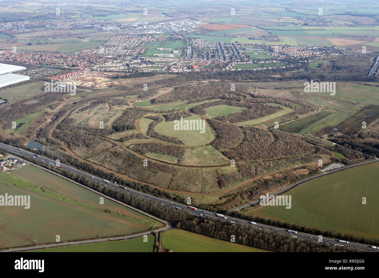 aerial view of Brodsworth Common, a reclaimed coal mine spoil heap ...
