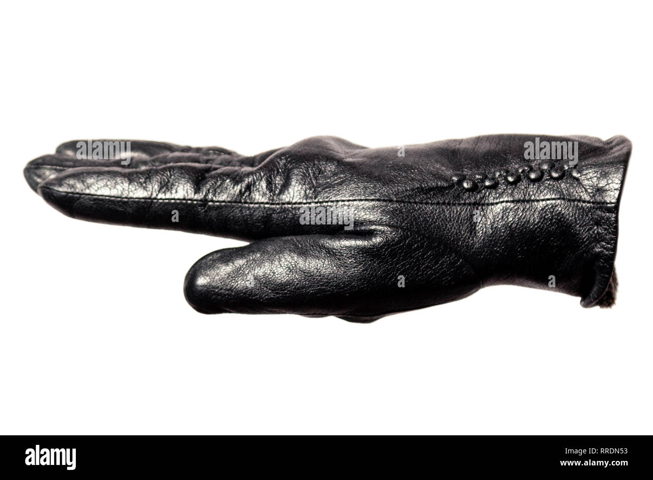 Closeup black leather glove, fingers, palm, side view. Isolated on ...