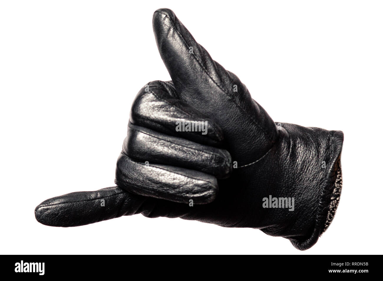 Closeup black leather glove, fingers showing smoke sign. Isolated on ...