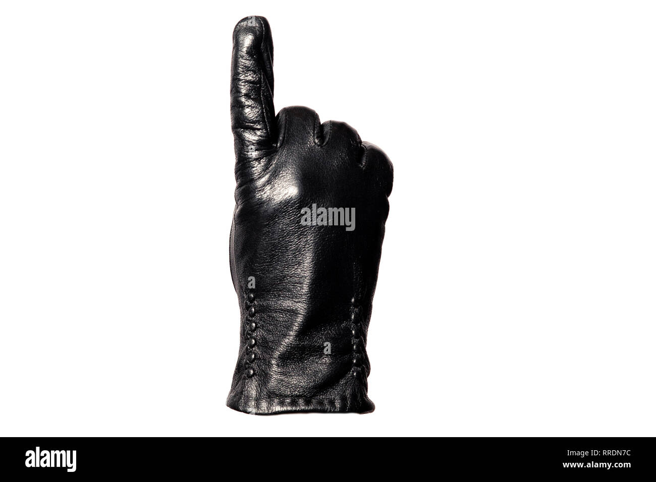 Close-up black leather glove showing thumbs up, number one. Isolated on ...