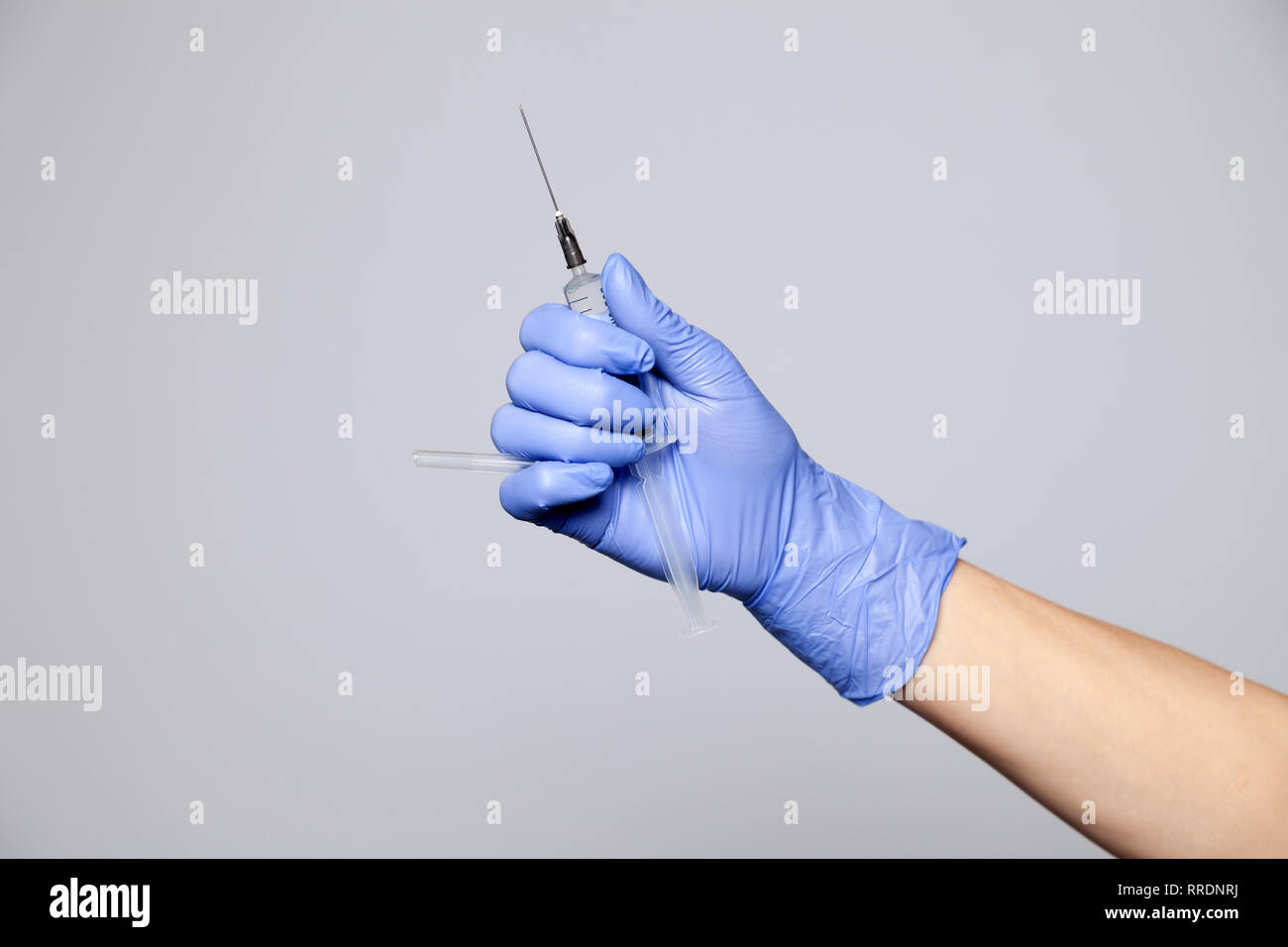 Closeup doctor hand in rubber latex medical purple glove hold ...