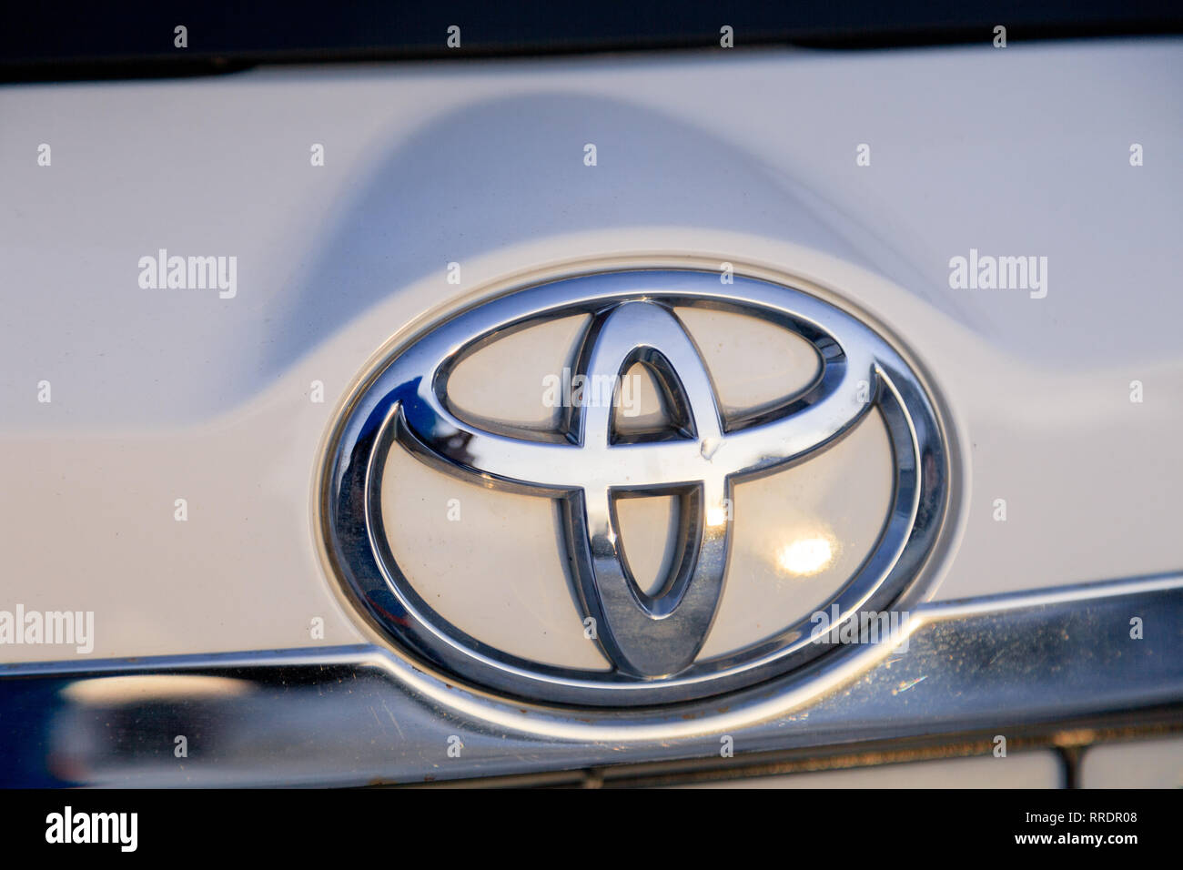 Russia, Kemerovo 2019-02-24 closeup emblem of Toyota Rav 4 on a white ...