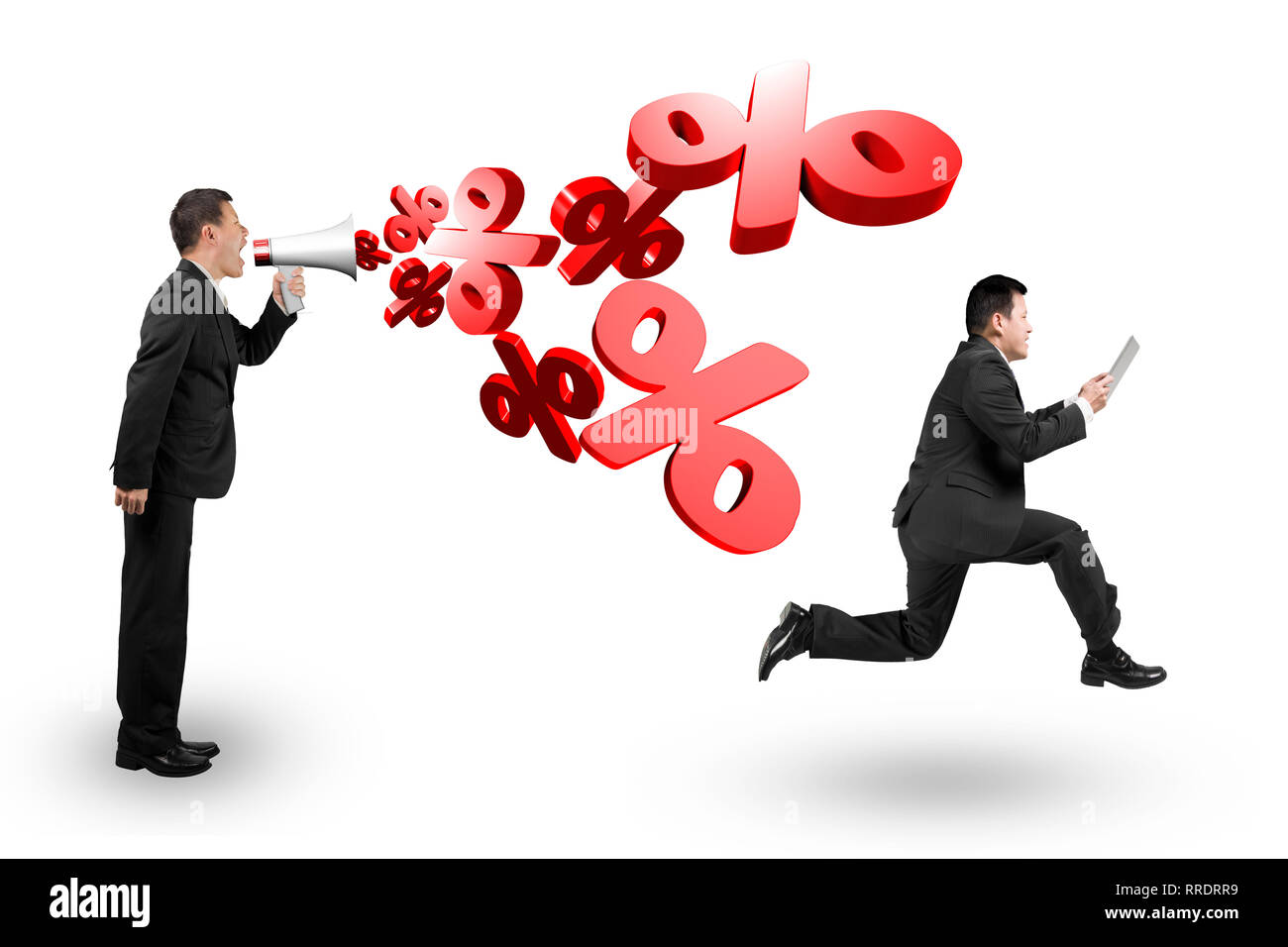 Boss using megaphone with 3D percentage marks spraying out, yelling at ...