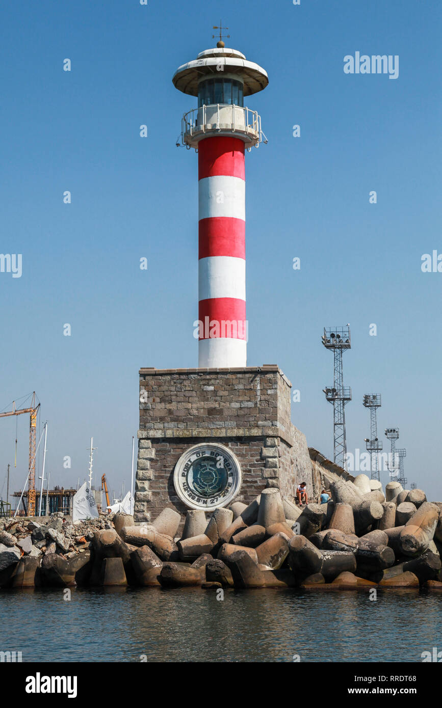 Burgas, Bulgaria - July 22, 2014: Red and white striped lighthouse ...