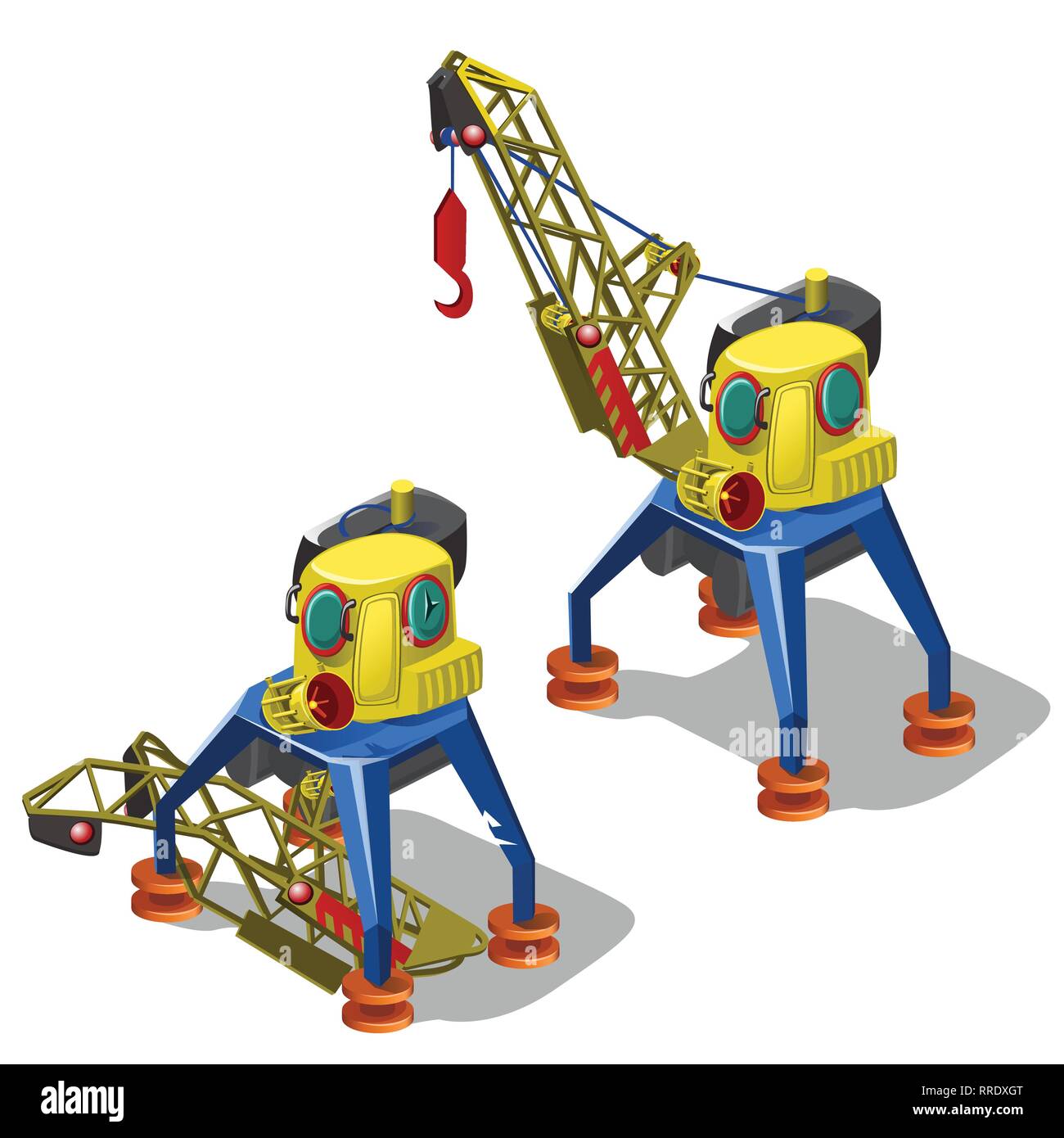 Repair and launch of broken lifting crane isolated on white background ...