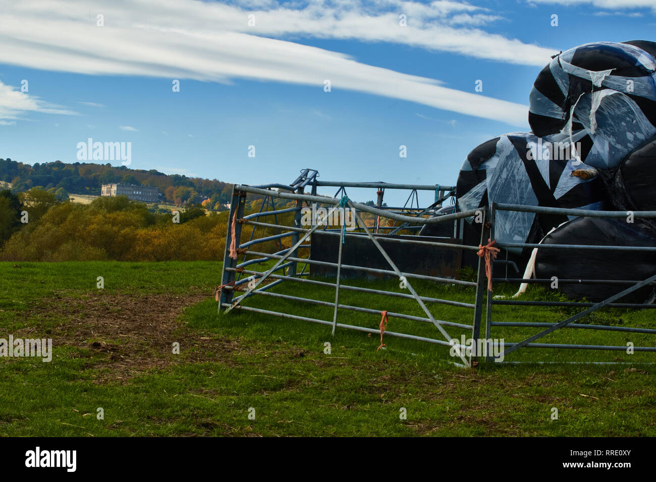 Black plastic wrapped silage with farm gate in the landscape of South ...