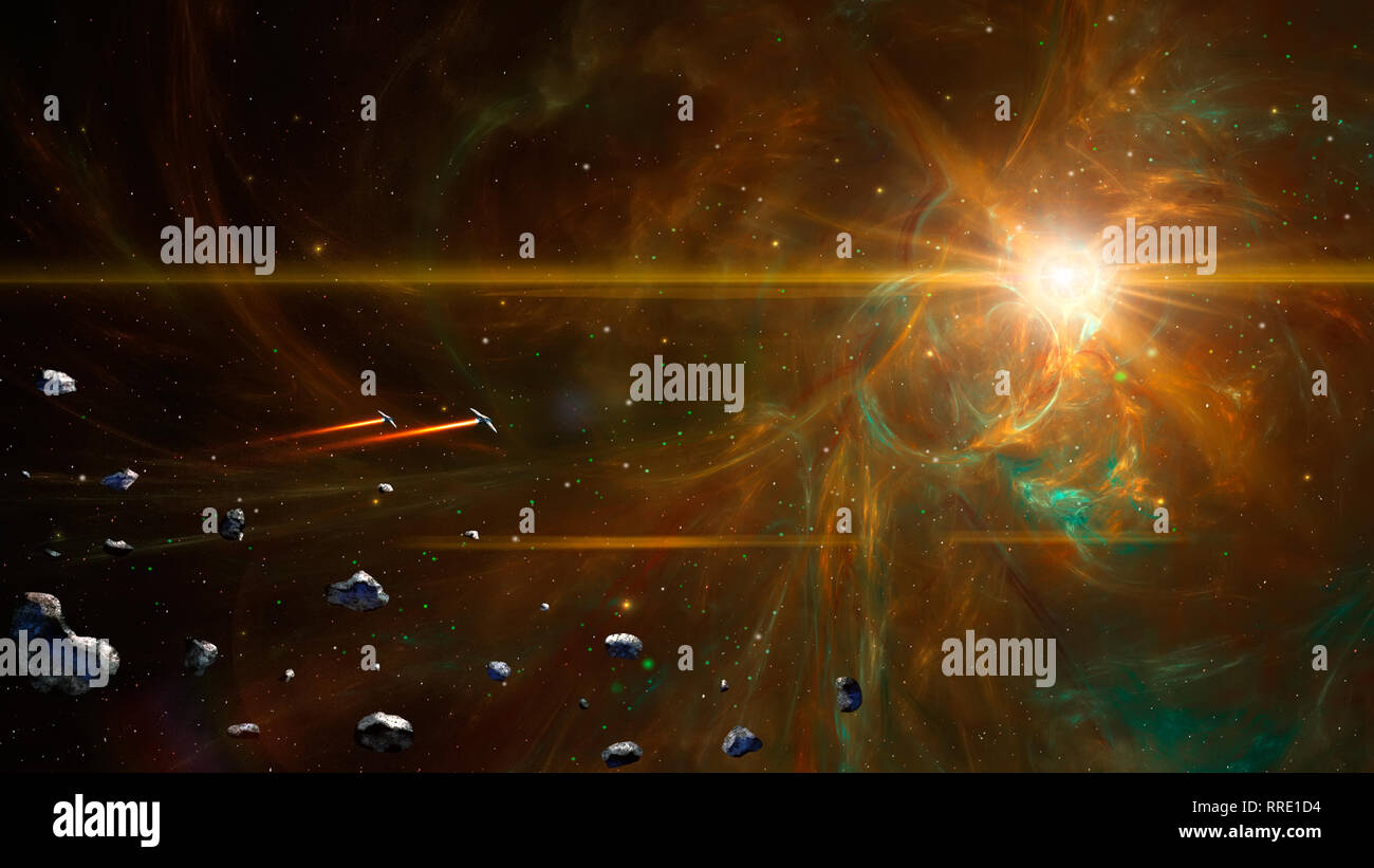 Space scene. Orange fractal nebula with spaceship and asteroids. Elements furnished by NASA. 3D ...