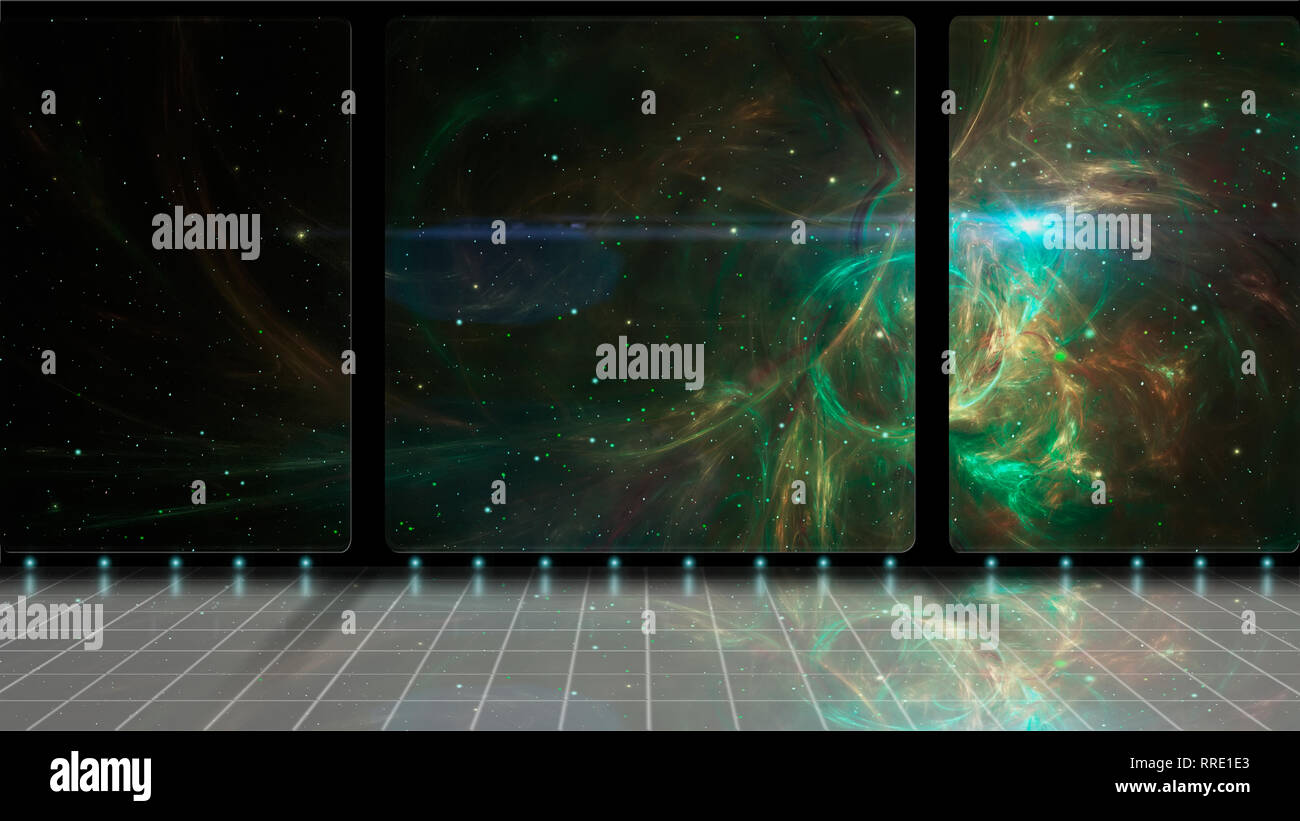 Space scene. 3D Room with green fractal nebula and stars. Elements ...