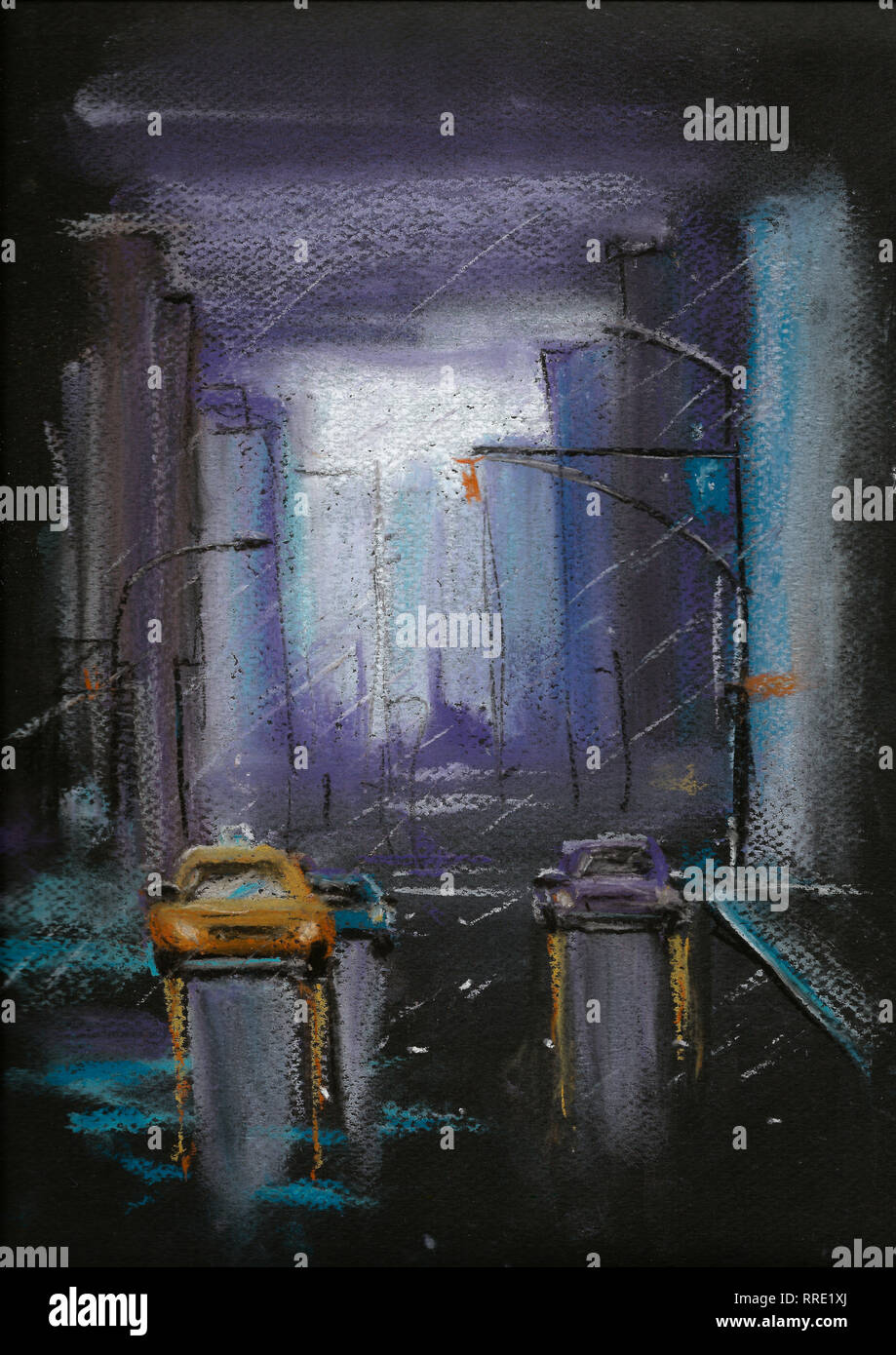 Night street in the city pastel painting, urban style drawing Stock ...