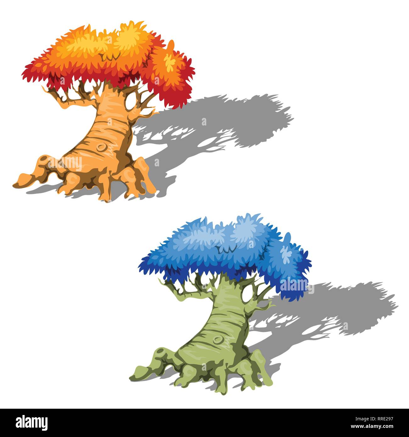 The old fantasy trees with a blue and orange tree crowns isolated on ...