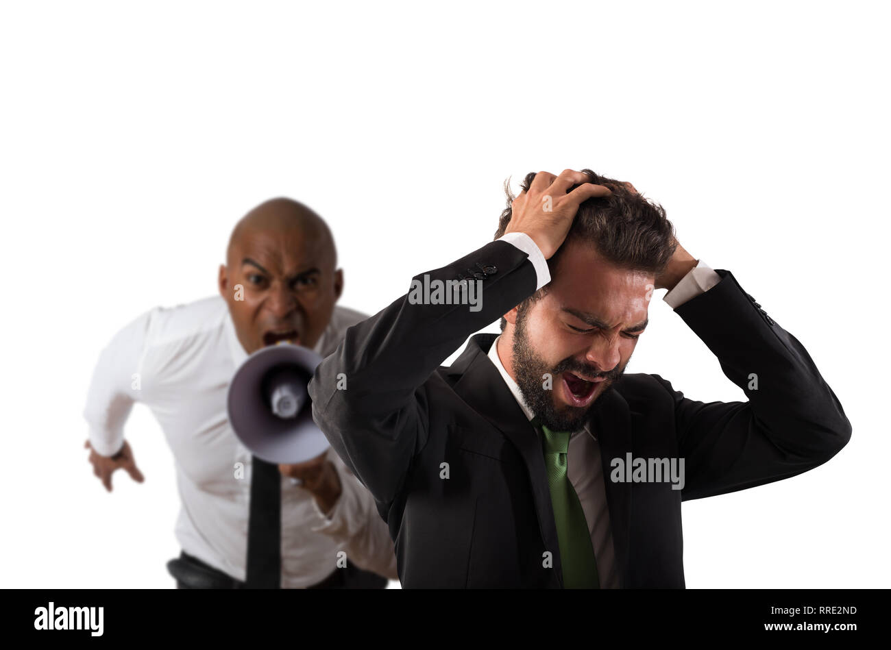 Boss scolds with megaphone a desperate employee with a verbal ...