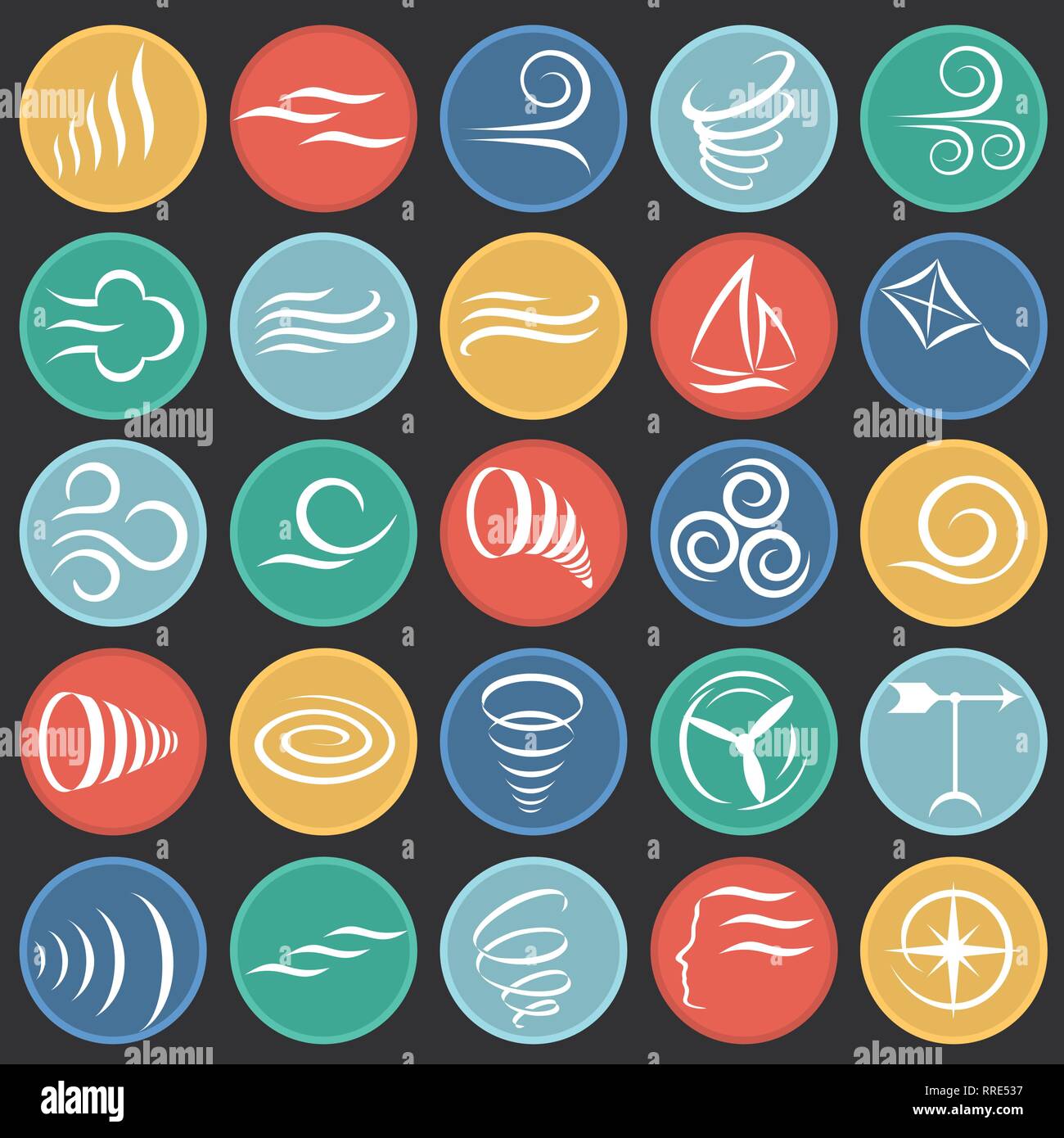 Wind icons set on color circles black background for graphic and web ...