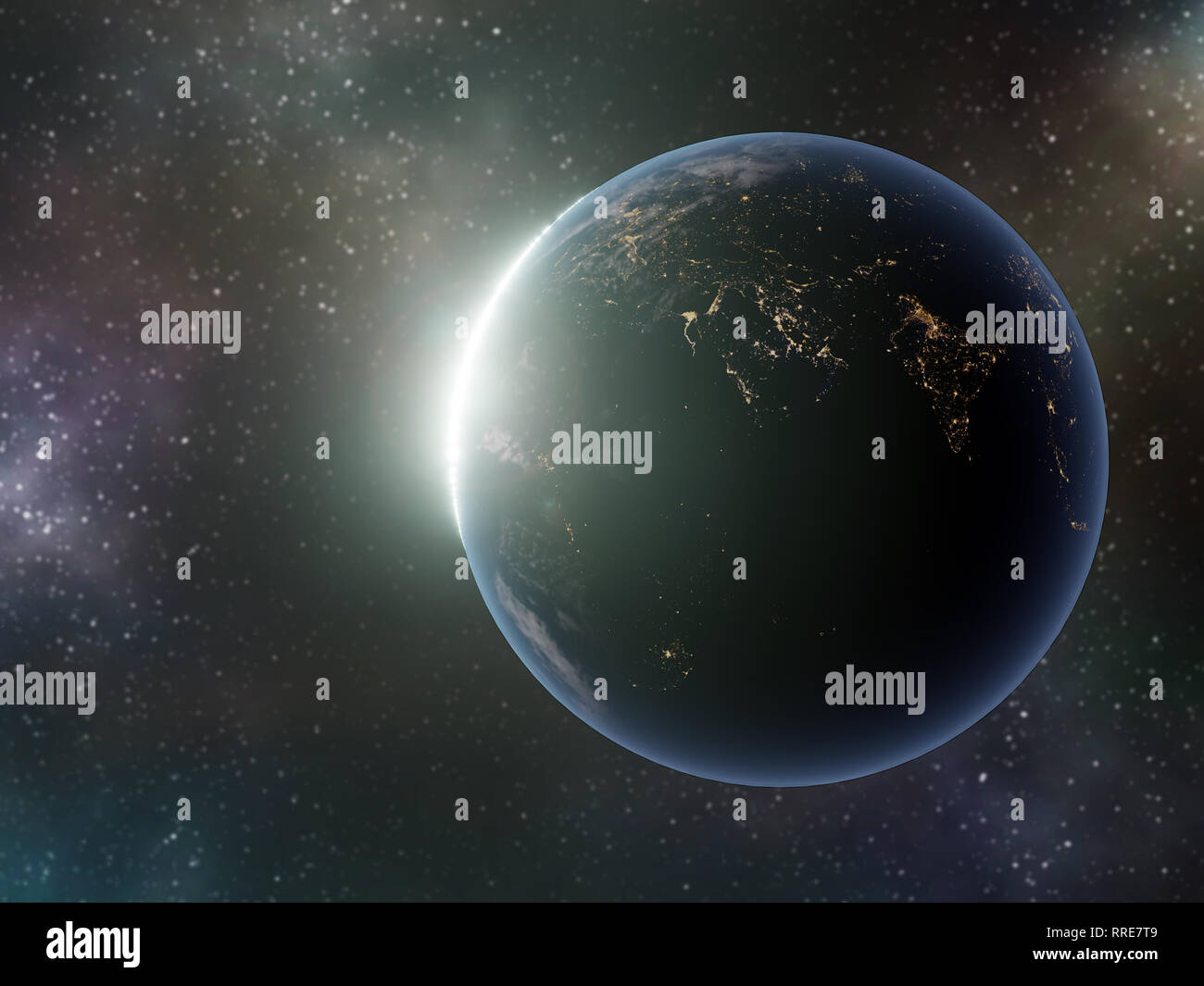 3D render of Planet Earth with Sun rising from behind against colorful ...