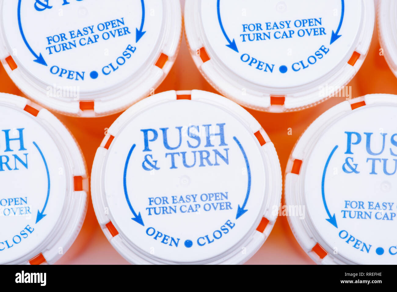 Orange plastic empty prescription containers with Child-Resistant Push ...