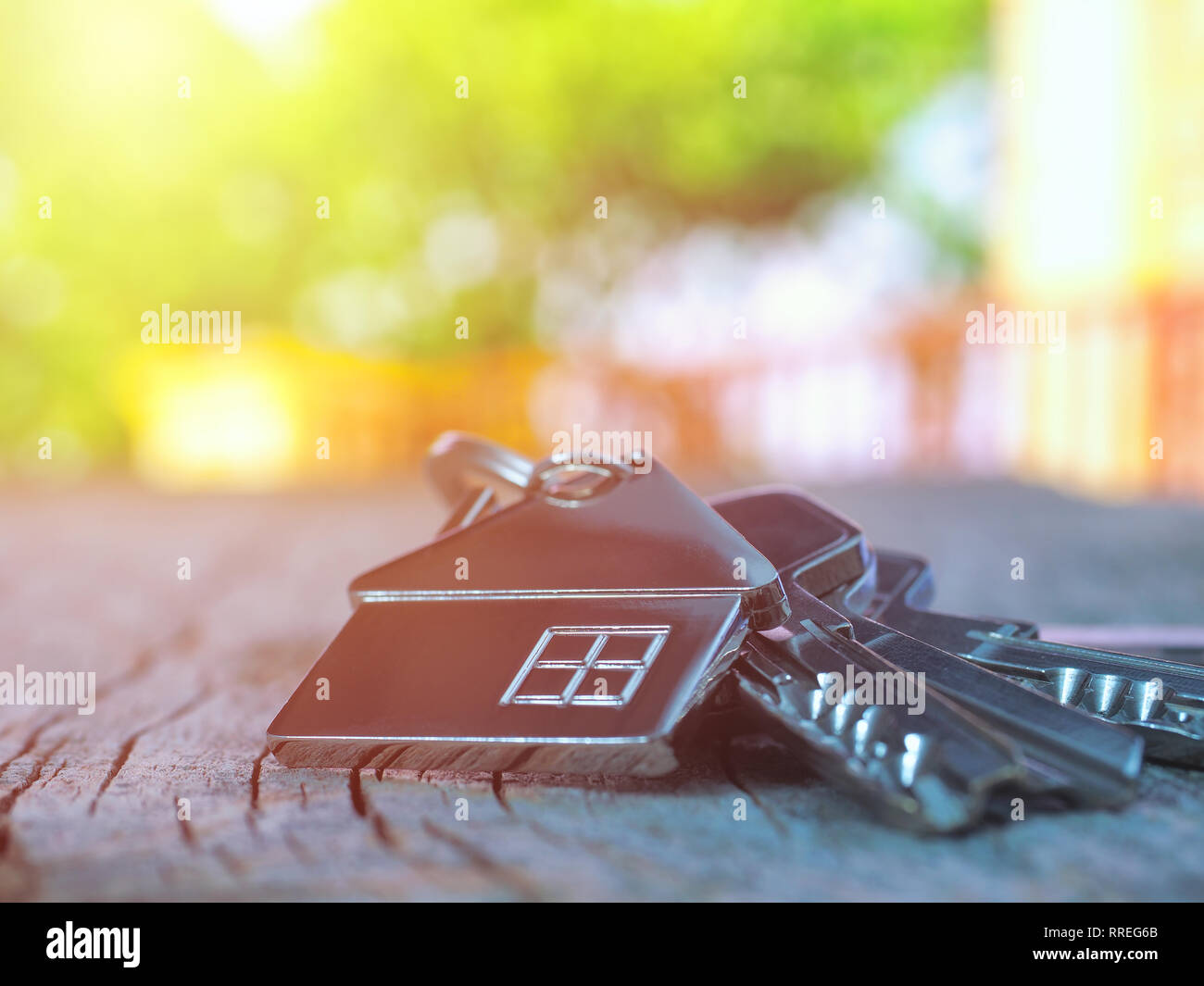 House keys with house figure on desk, out of focus background Stock ...