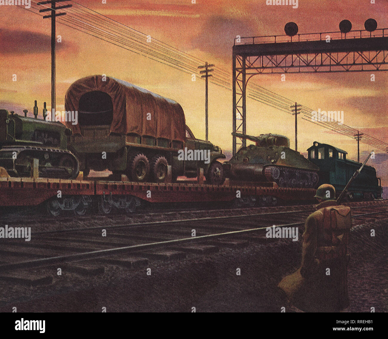 Tanks, Tractors and Trucks on Train Stock Photo - Alamy