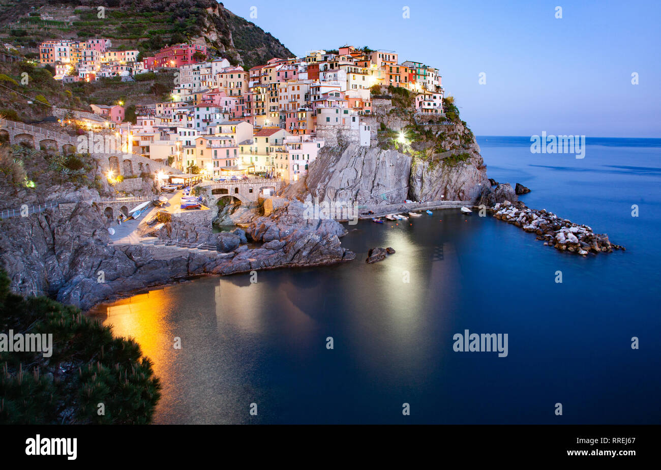 panorama view of Manarola village one of Cinque Terre at night in La ...