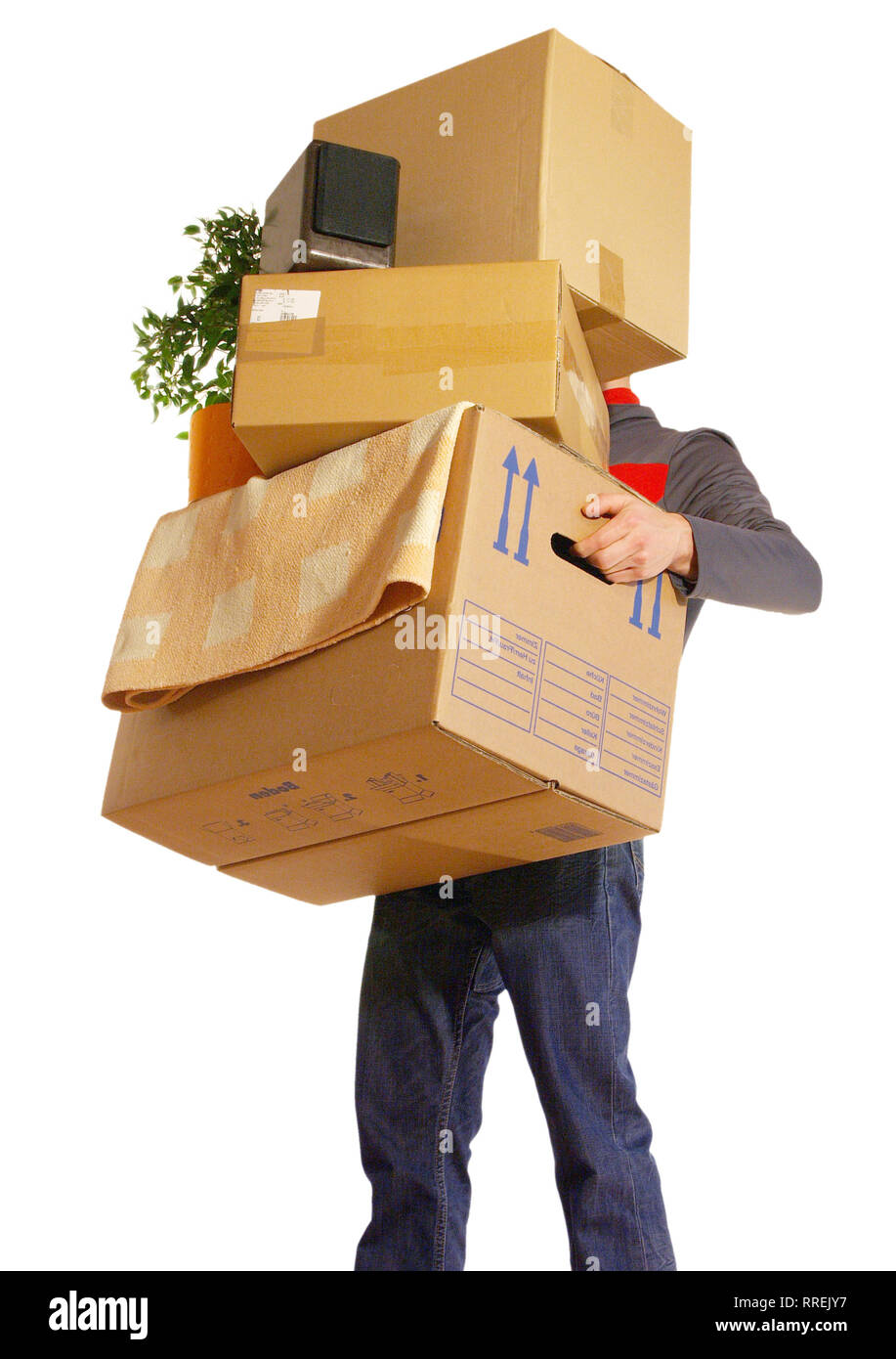 Moving Concept - Man holding Boxes on white Background Stock Photo - Alamy
