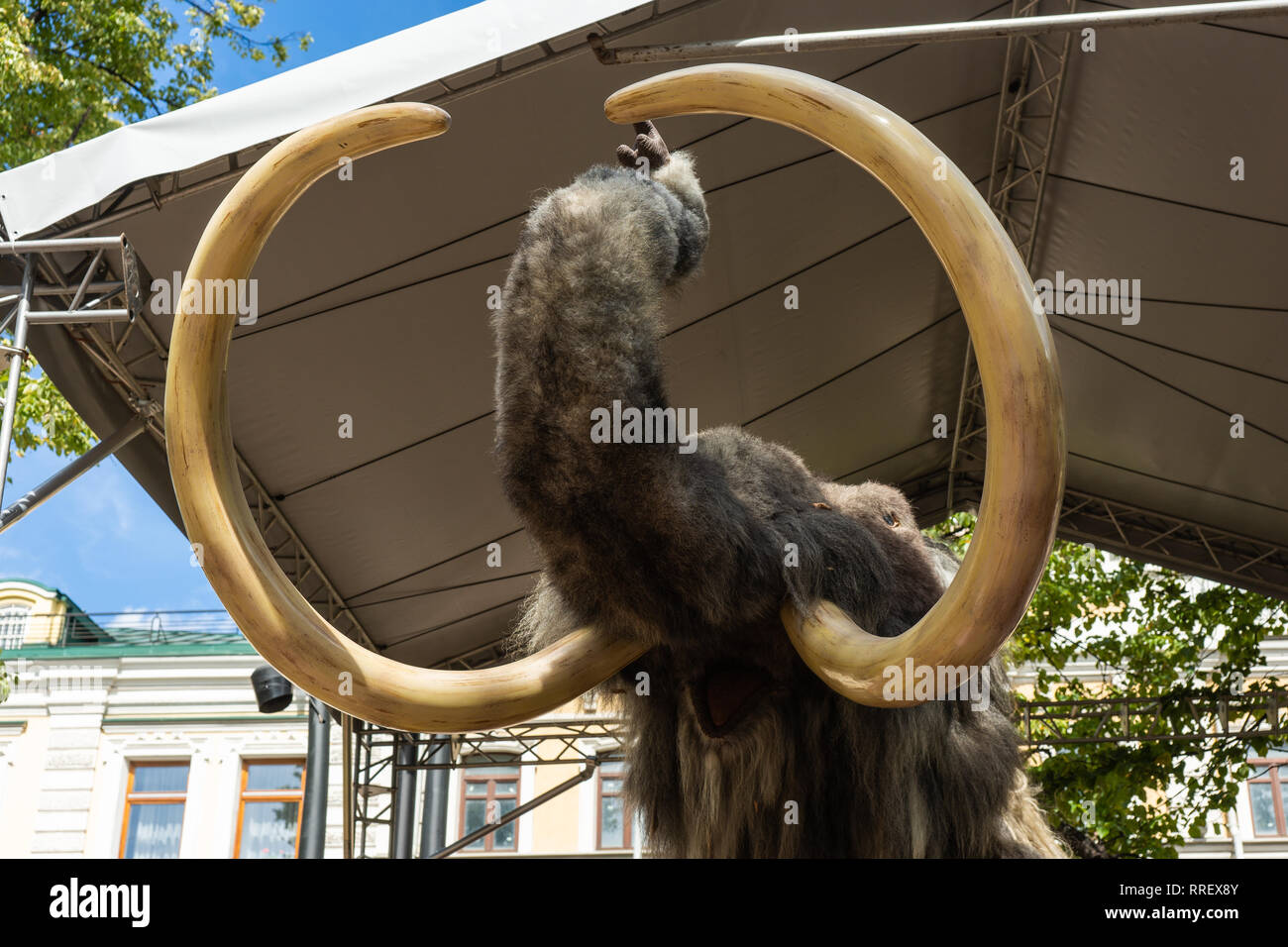 MOSCOW, August 13, 2018: Life-size mockup of a prehistoric mammoth ...
