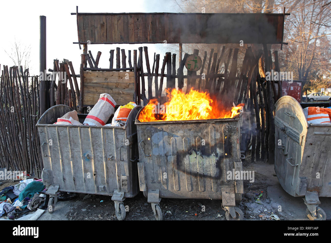 Burning Dumpster Fire Disaster Pollution Communal Problem Stock Photo ...