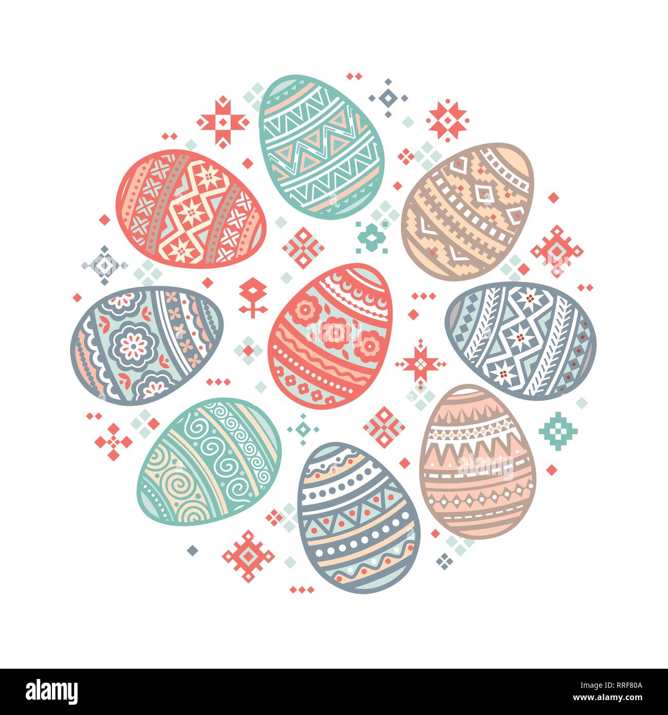 The circular template of colorful Easter egg vector flat icons painted in traditional style ...