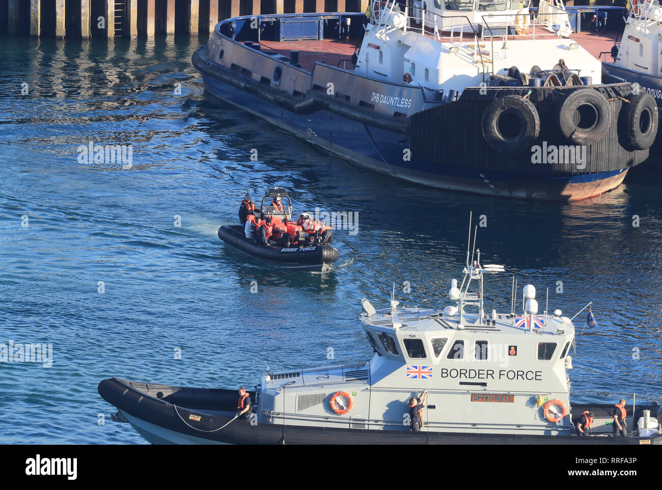 A Border Force RIB vessel arrives at Dover Marina, following a small ...