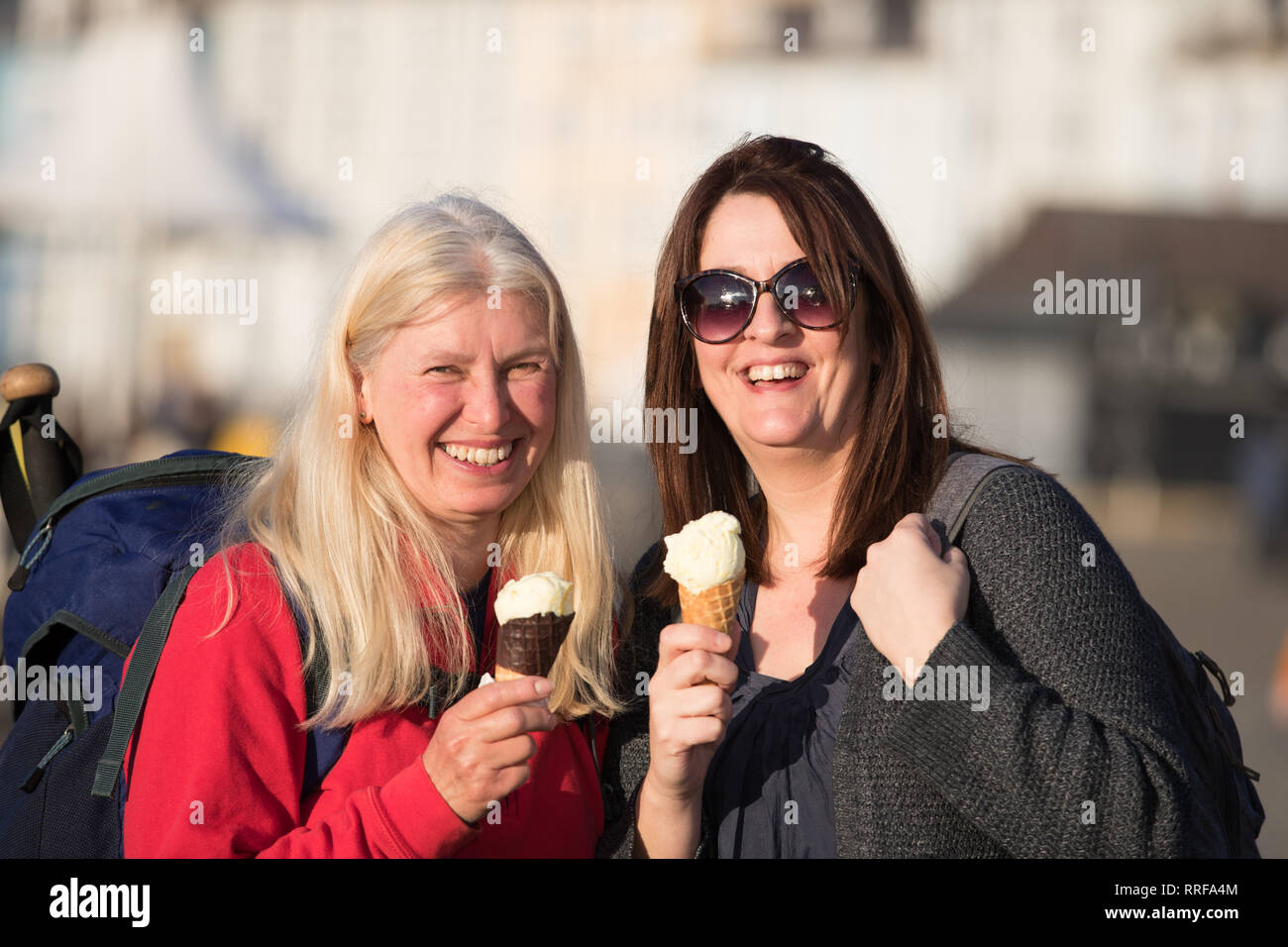 Ruth White and Tina Samuel enjoy an ice cream on Aberystwyth beach in ...