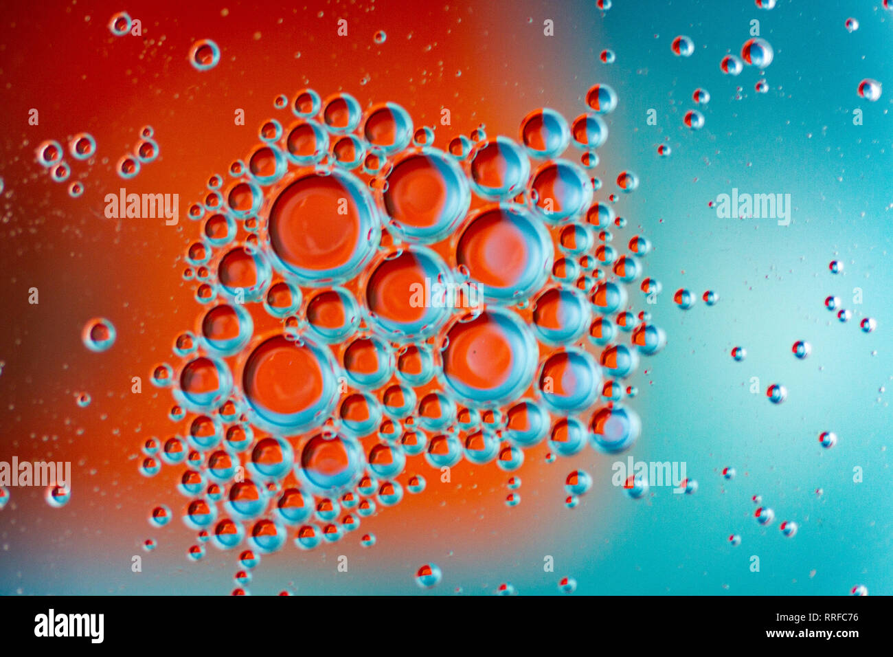 From above closeup many abstract red and blue water bubbles on glass on ...