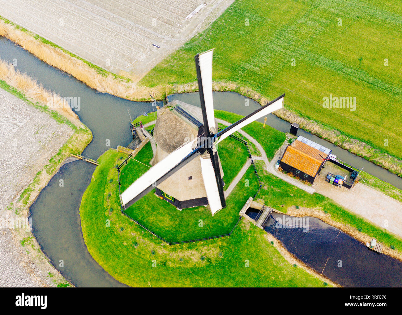 Typical Dutch windmill from the 17th century shot from above with a ...
