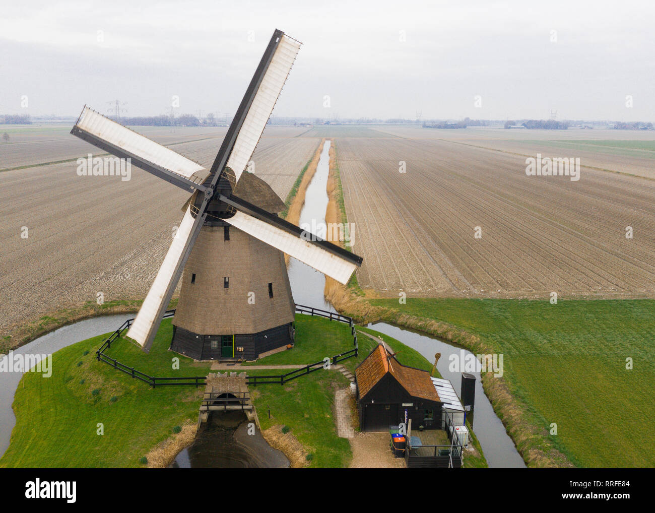 Typical Dutch windmill from the 17th century shot from above with a ...