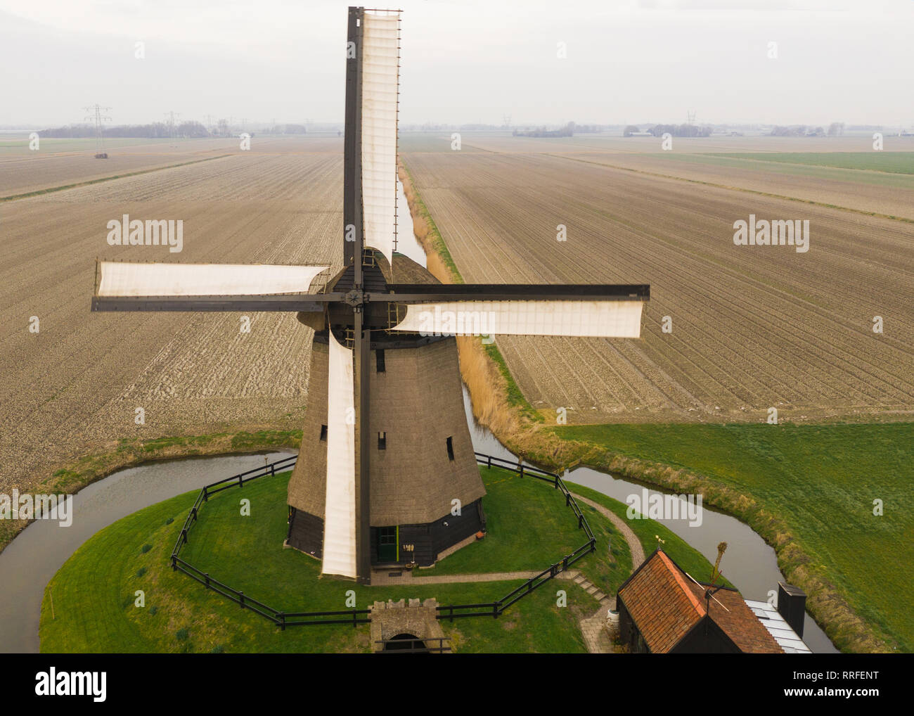 Typical Dutch windmill from the 17th century shot from above with a ...