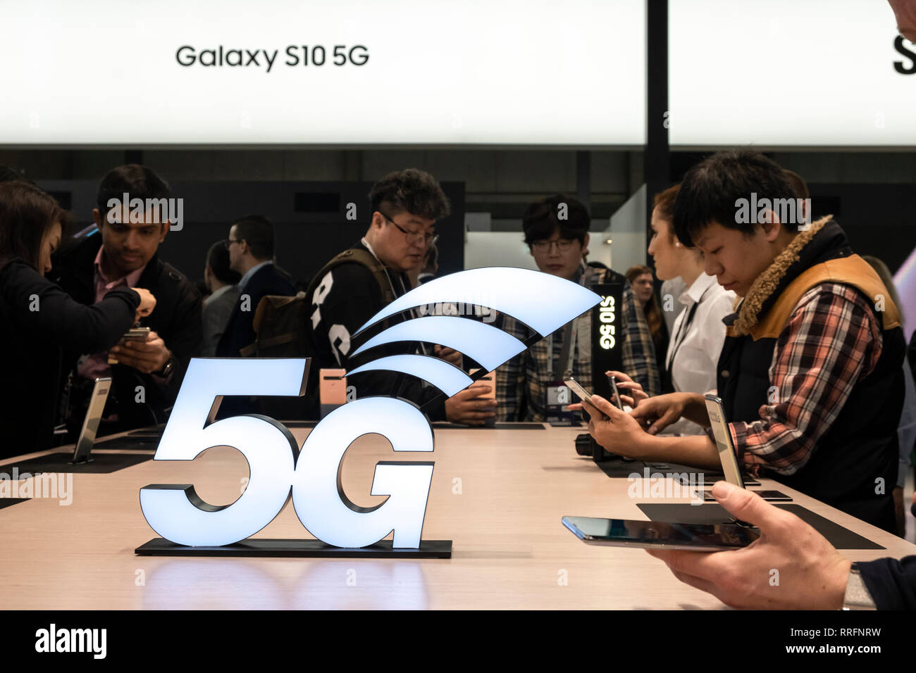 The Samsung 5G logo is seen during the MWC2019. The MWC2019 Mobile World Congress opens its ...