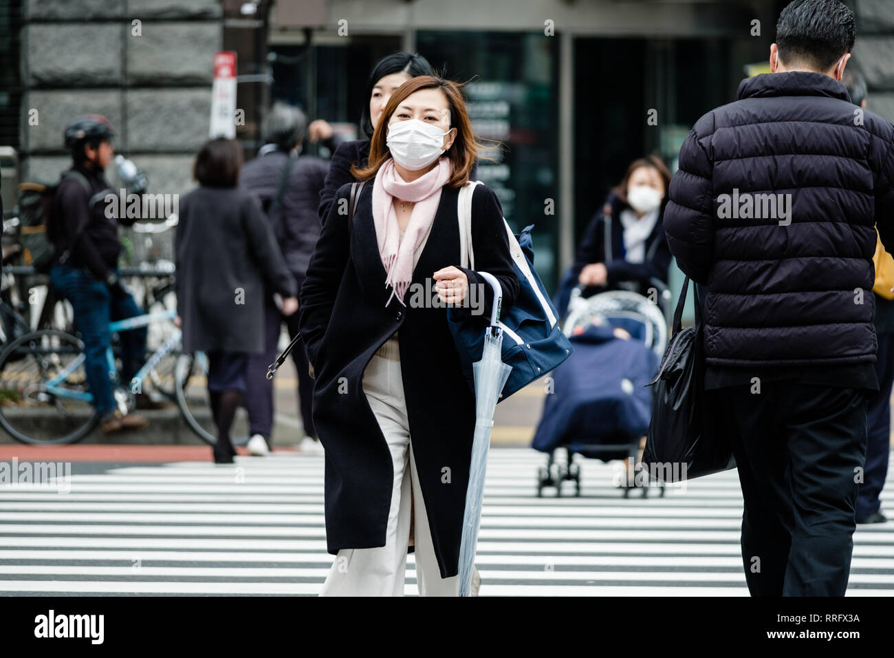 February 26, 2019 - Tokyo, Japan - A woman wears a mask during the hay ...