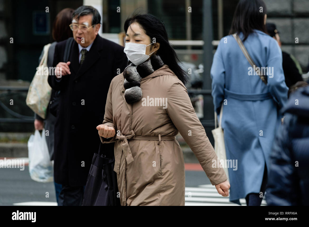 February 26, 2019 - Tokyo, Japan - A woman wears a mask during the hay ...