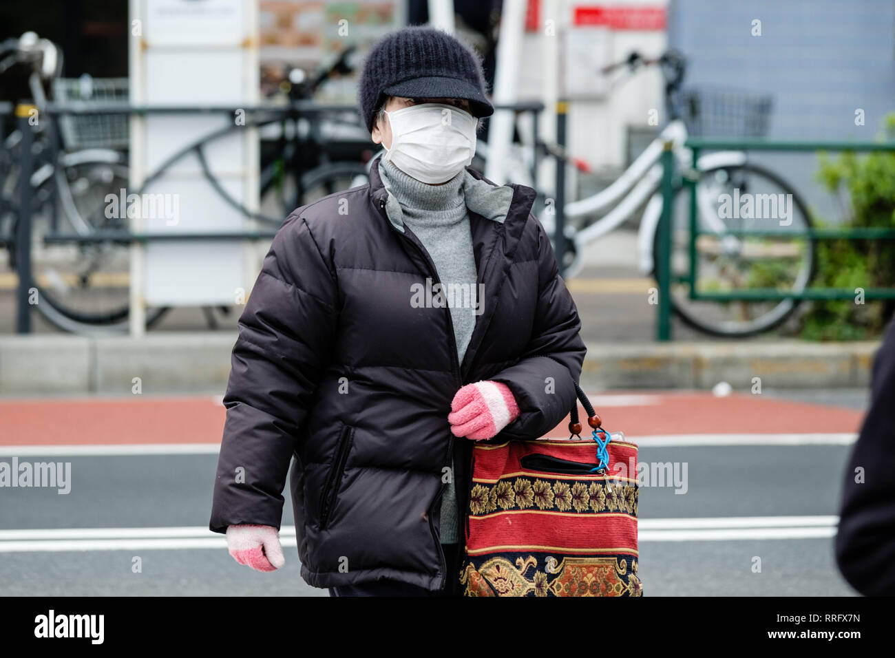 February 26, 2019 - Tokyo, Japan - A woman wears a mask during the hay ...