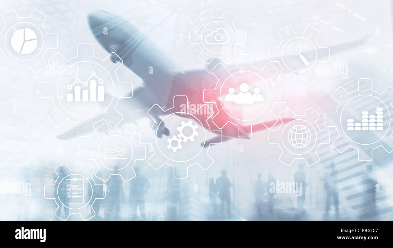 Business process abstract diagram with gears and icons. Workflow and ...