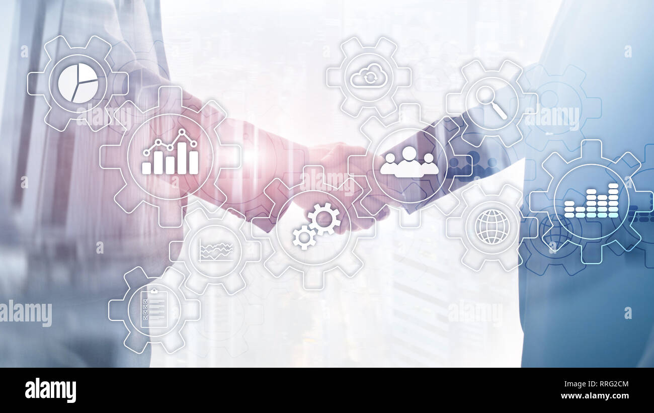 Business process abstract diagram with gears and icons. Workflow and ...