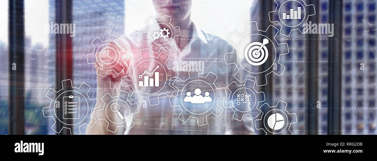 Business process automation concept. Gears and icons on abstract background Stock Photo - Alamy