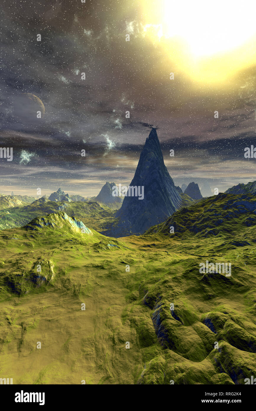Fantasy alien planet. Mountain. 3D illustration Stock Photo - Alamy