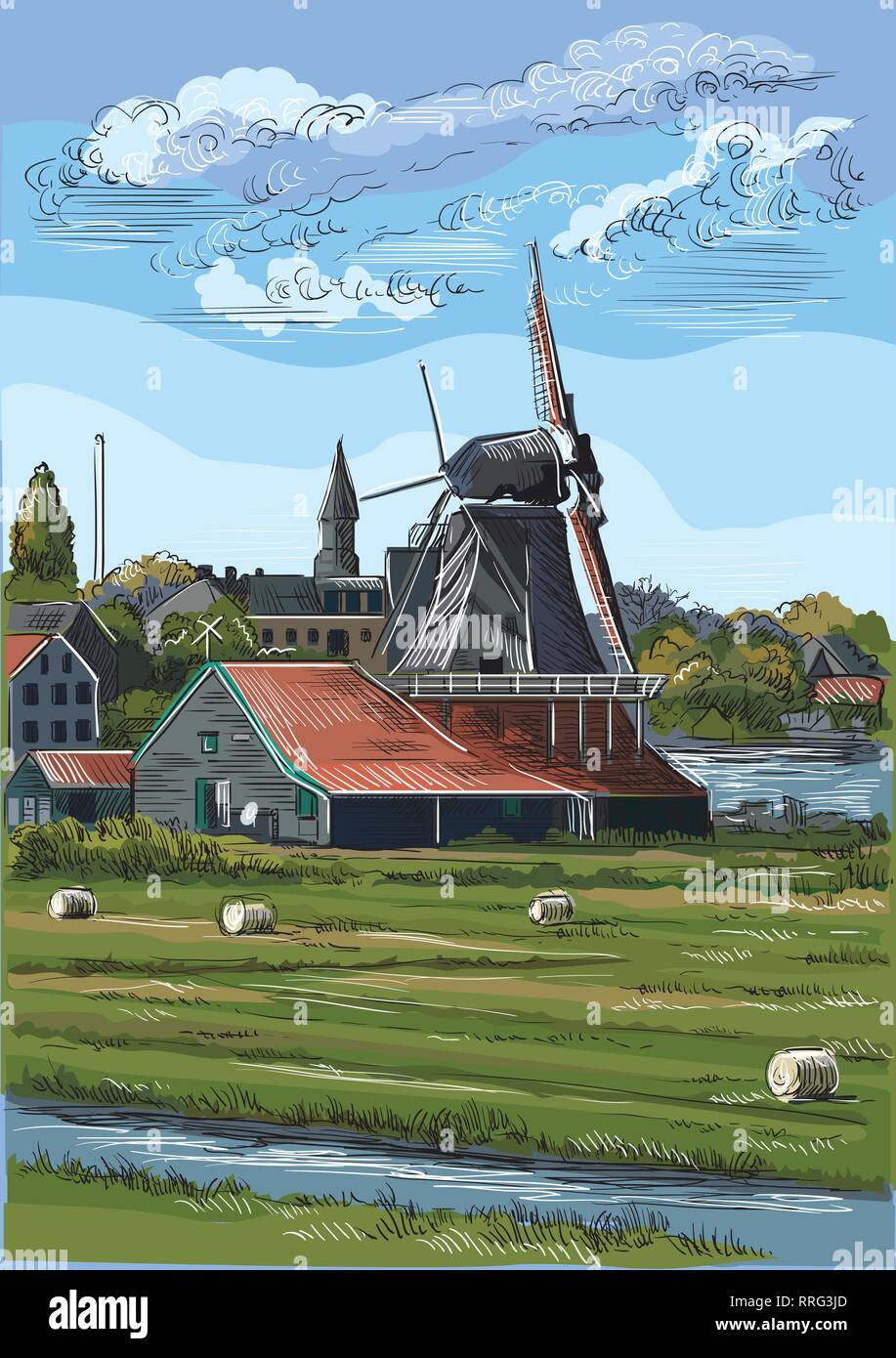 Vector hand drawing Illustration of watermill in Amsterdam (Netherlands ...