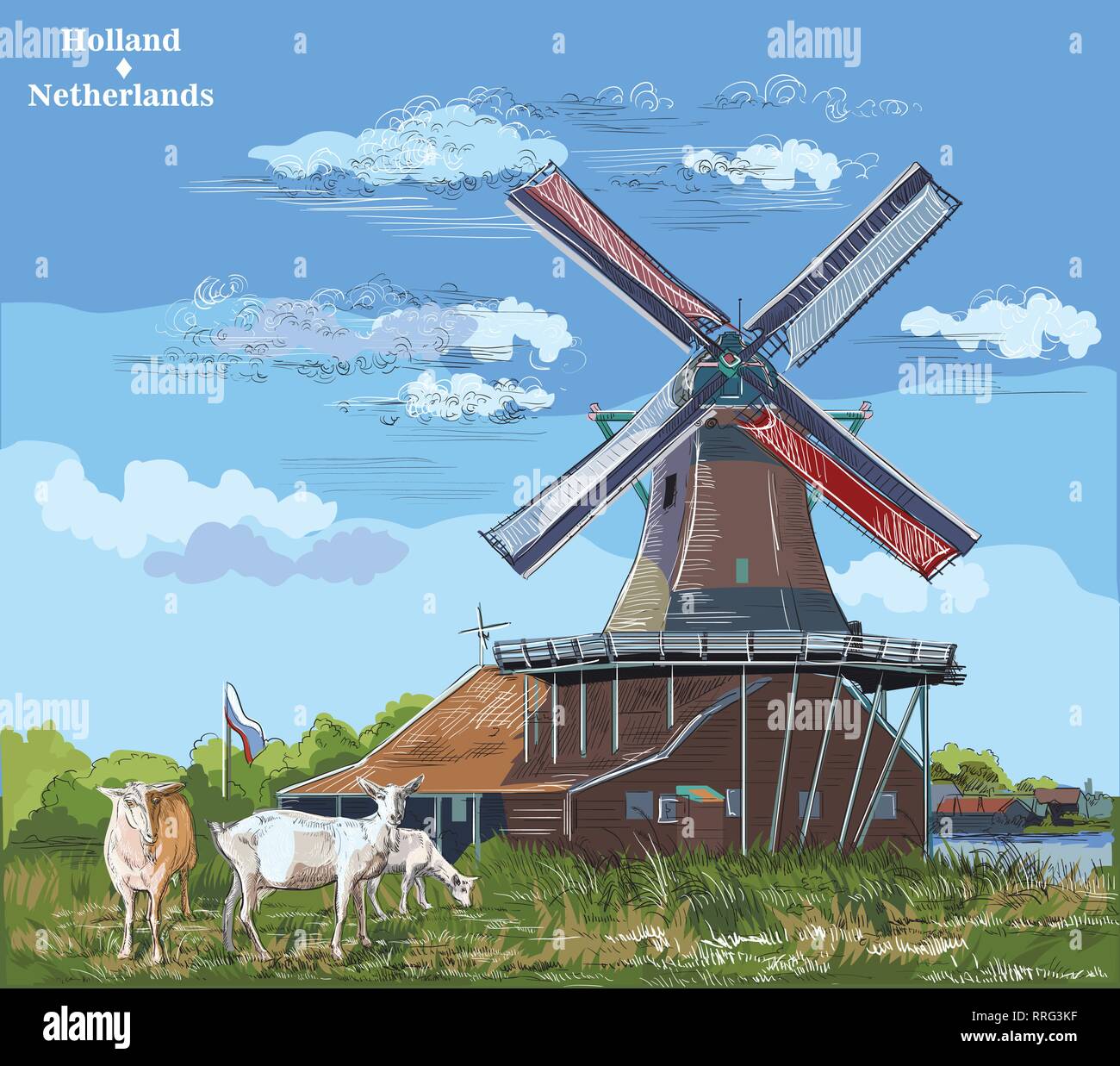 Vector hand drawing Illustration of watermill in Amsterdam (Netherlands ...