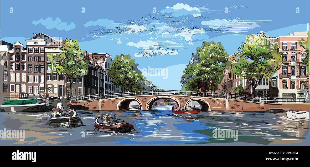 Cityscape with bridge over the canals of Amsterdam, Netherlands ...